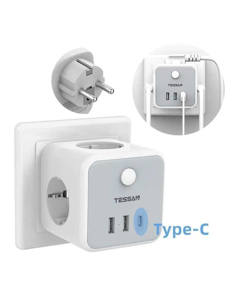 TESSAN адаптер с 3 розетками, 1 портом типа C, 2 портами USB-A