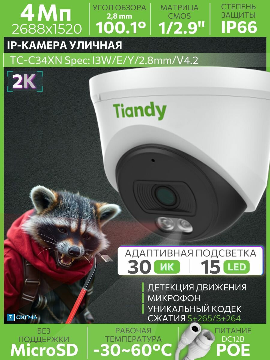 IP-видеокамера Tiandy TC-C34XN I3W/E/Y/2.8mm/V4.2 4Мп 2.8мм ИК до 30м CMOS PoE уличная купольная микрофон