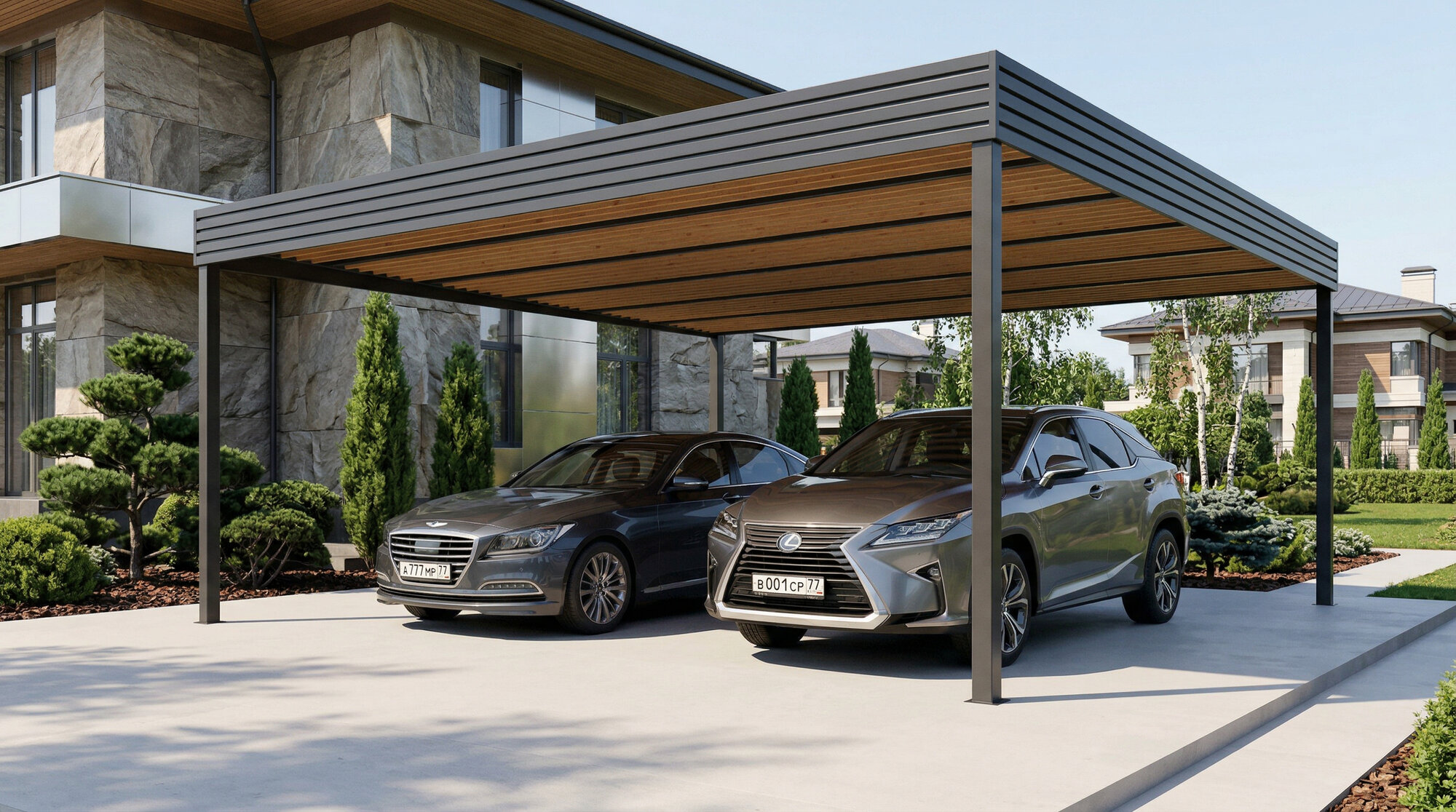 Навес Las Pergolas C MAX PRO, 6x6 м, для 2 авто, сборка своими руками, усиленные балки, реечный потолок, фриз кровли