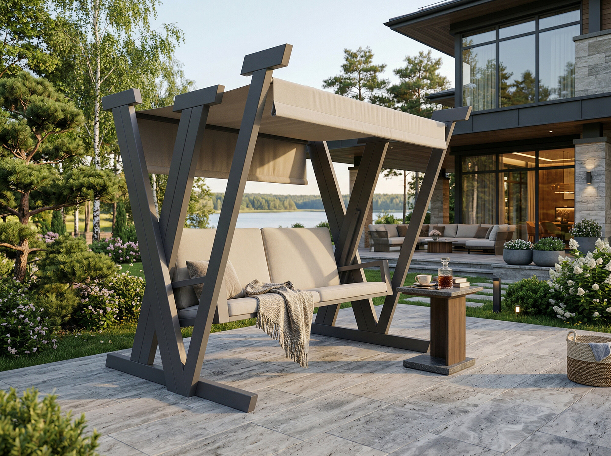 Качели Las Pergolas LV BLACK, с тентом, неповторимый дизайн, крепкий металлический каркас,