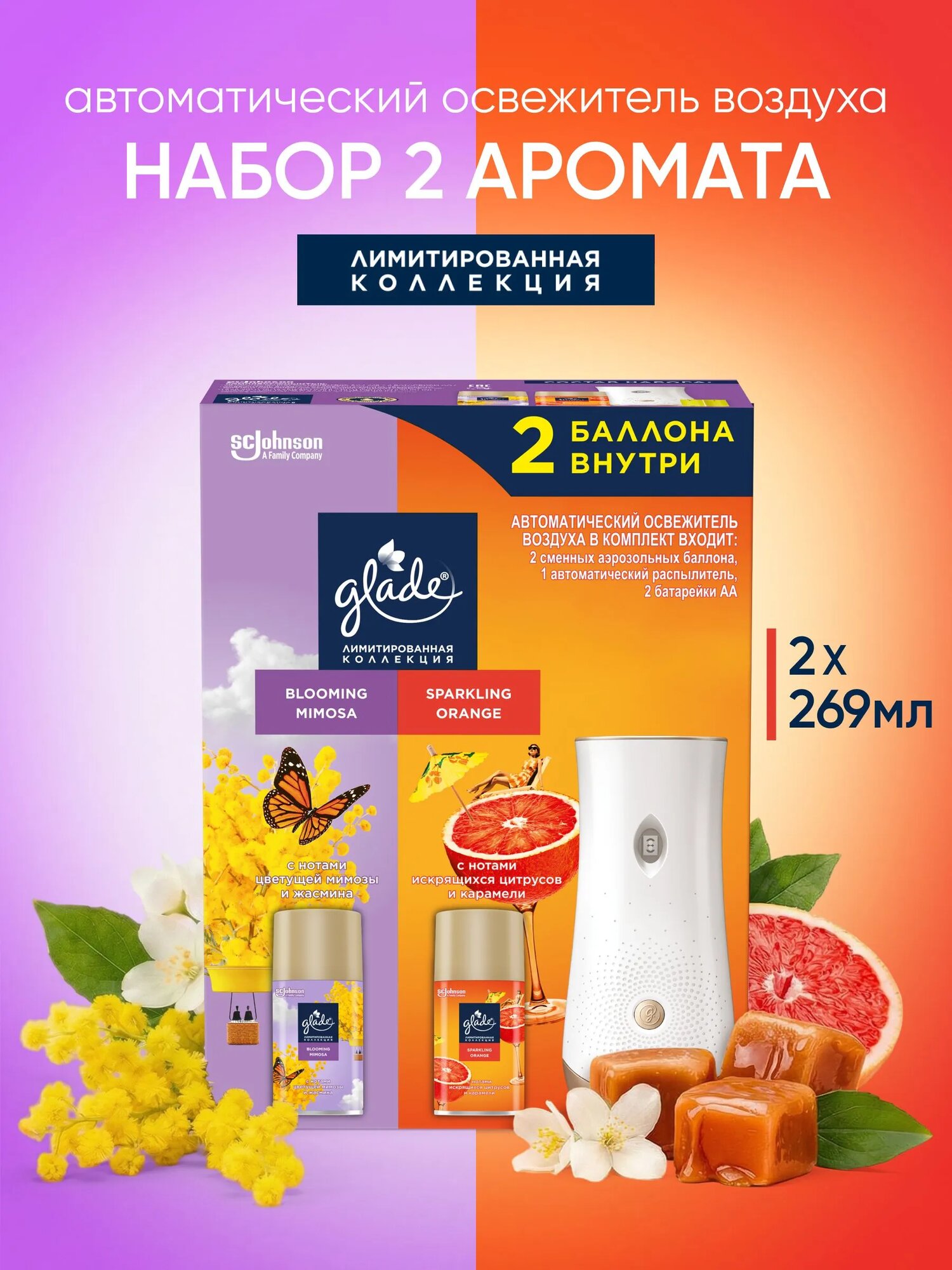 Освежитель воздуха Glade Automatic Автоматический "Blooming Mimosa + Sparkling Orange", комплект, 2х269 мл