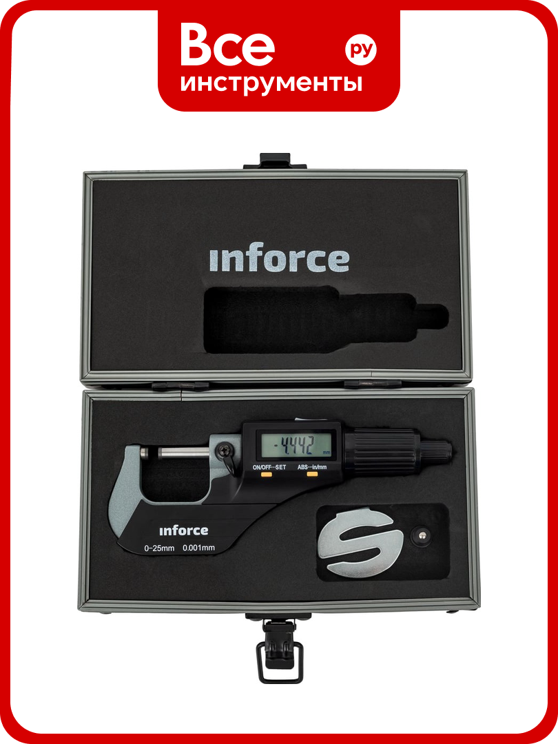 Цифровой микрометр Inforce, прибор с шагом 0.001 мм, диапазон 0‑25 мм, точность класса 1, алюминиевый корпус