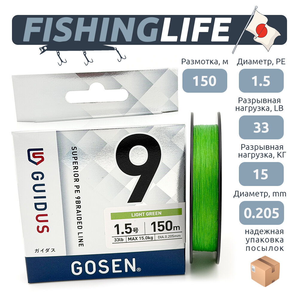 Плетеная леска (шнур) Gosen Guidus PE x9 150м светло-зеленый #1.5 0.205мм 33лб 15кг