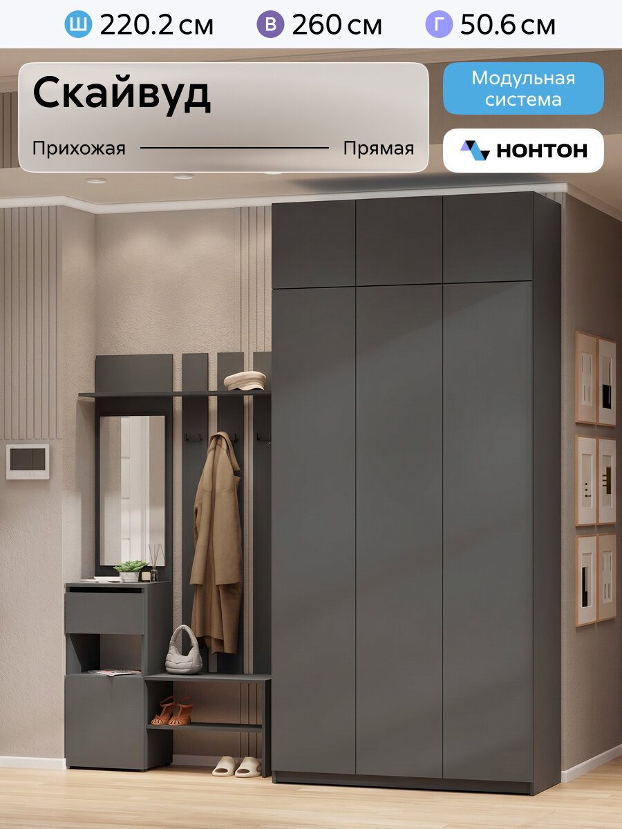 Стенка в прихожую Нонтон Скайвуд Макси, 220х50х260, 2 модуля, с антресолью, графит
