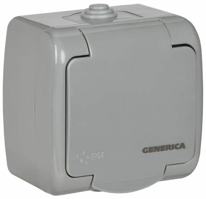 Розетка 1-м ОП AQUATIC РСш12-2-А 16А IP54 с заземл. с крышкой GENERICA ERA12-K03-16-54