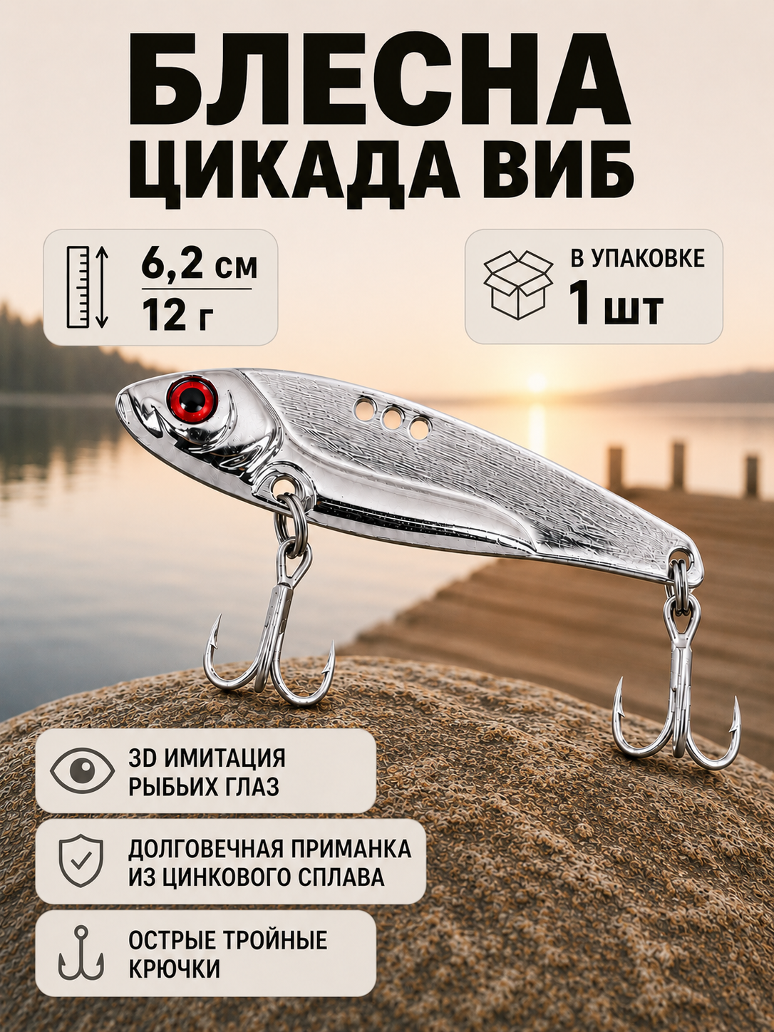 Рыболовная вибрационная металлическая виб-приманка/Джиг-спиннер/блесна цикада, для дальнего заброса 6,2 см/12 г, серебристая