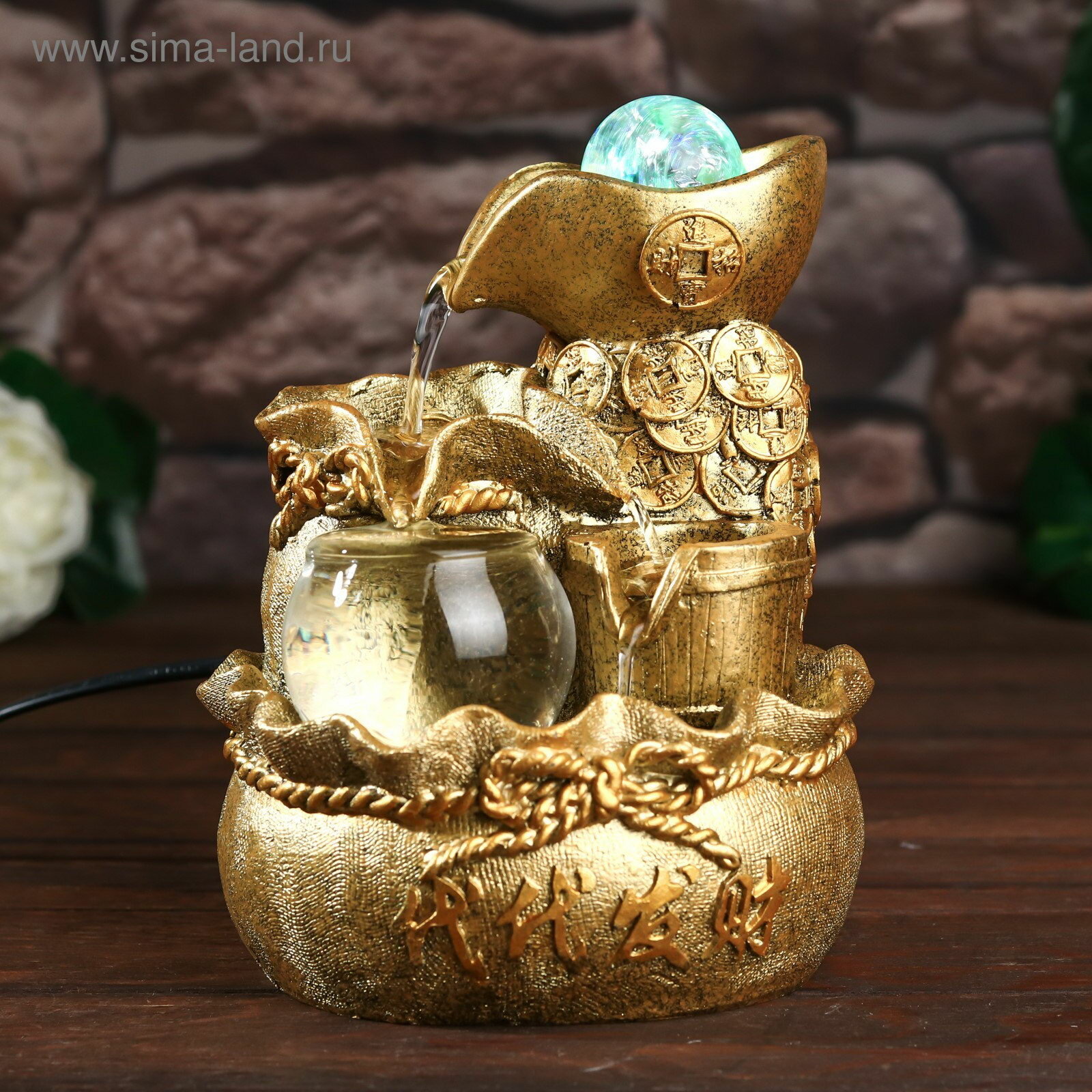 Фонтан настольный с подсветкой "Мешок с золотыми монетами", золото, 21x15x12 см