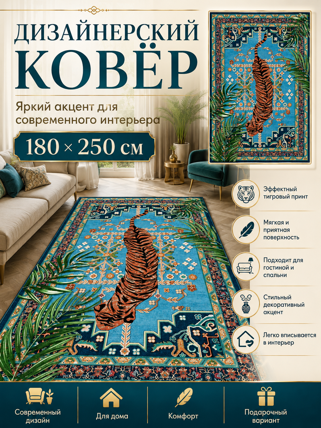 Ковер "Tiger", 180x250см, имитация меха, моющийся, устойчивый к выцветанию