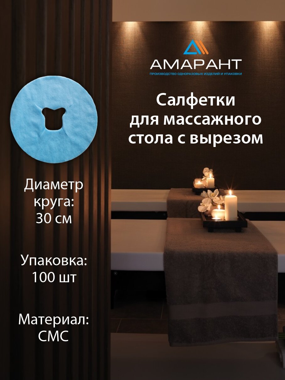 Салфетка для массажного стола диаметром 30 см с вырезом, 100 шт, голубые