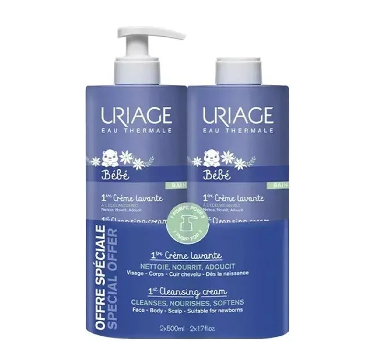 Uriage Очищающий пенящийся крем для детей и новорожденных Bebe 1ere Creme Lavante 2 шт по 500мл