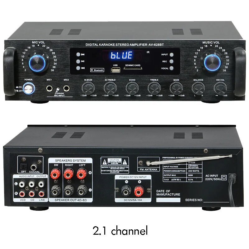 Цифровой усилитель стерео AV-628B 2.1 Bluetooth, прозрачный