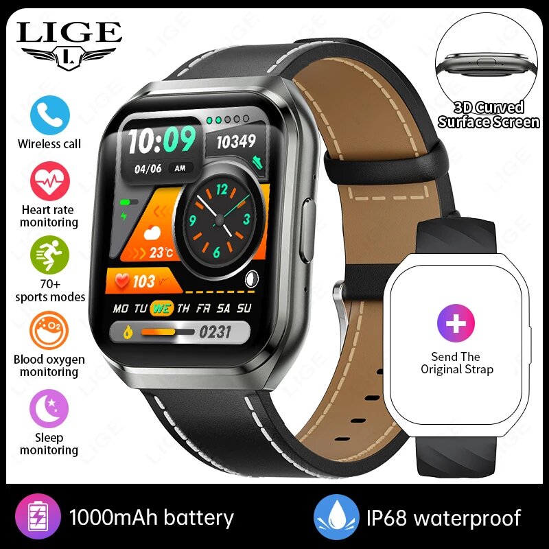 LIGE Smart Watch 1000mAh для мужчин leather black