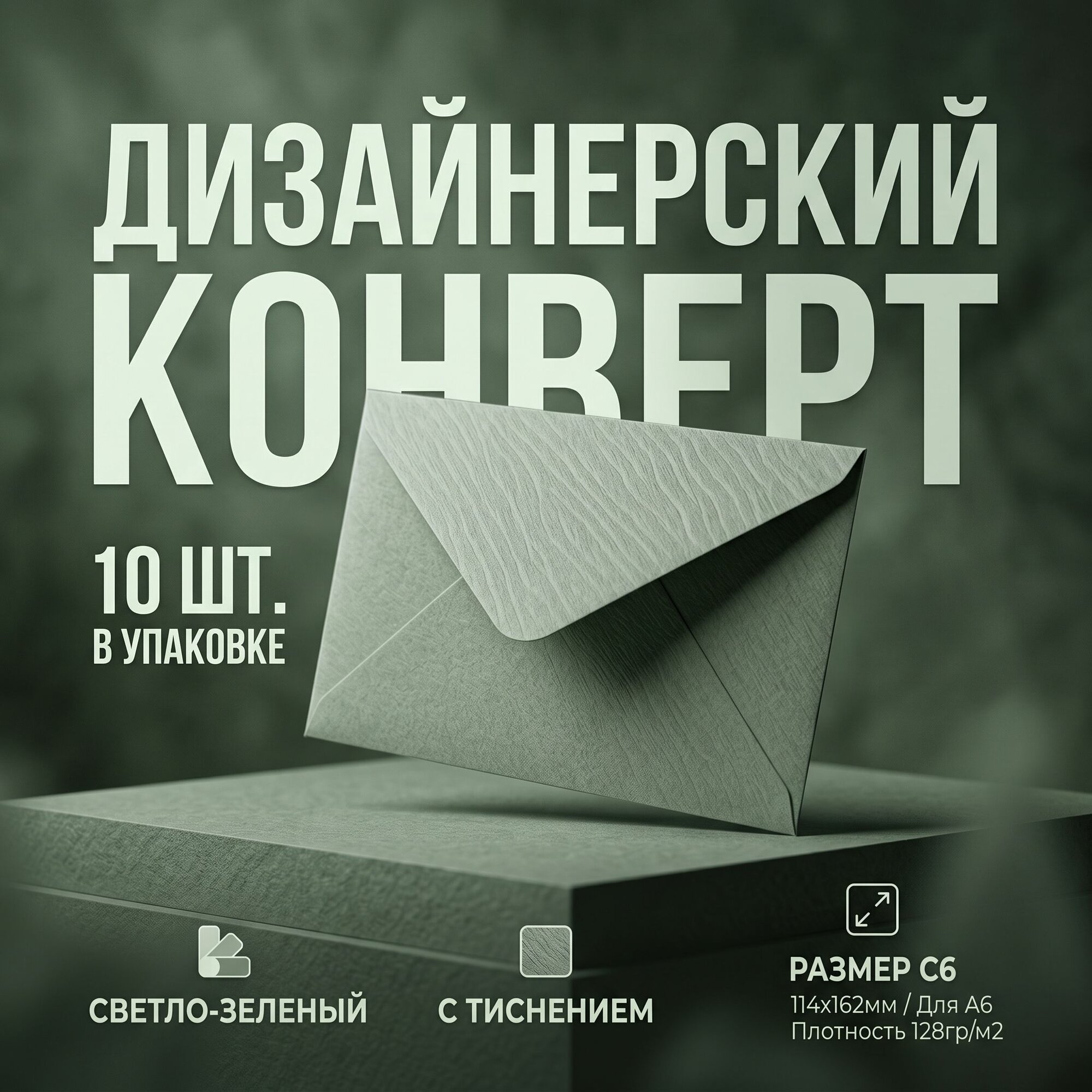 Конверт С6 (114х162мм) из дизайнерской бумаги, светло-зеленый (с тиснением)