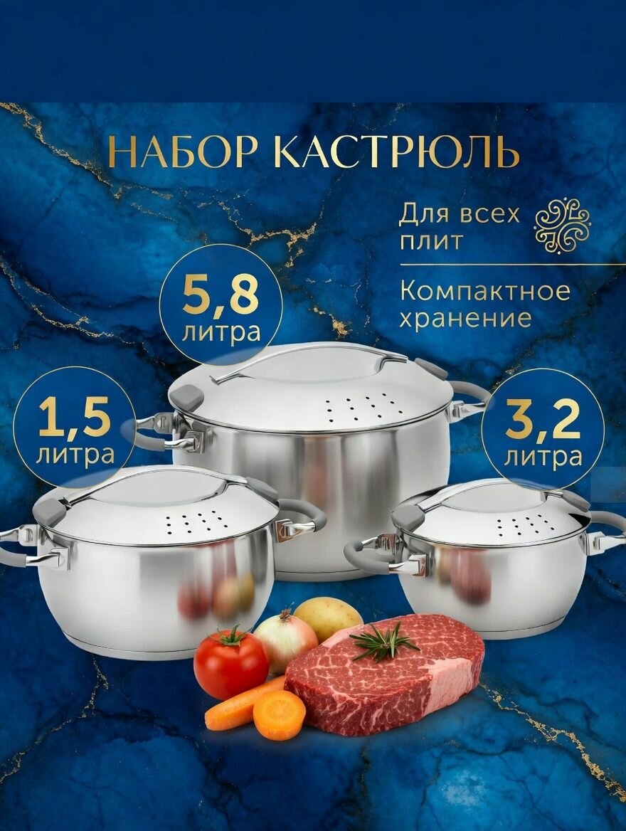 Набор Кастрюль С Крышкой И Толстым Дном Для Кухни и Готовки. Маленьких, Больших Из Нержавеющей Стали Для Газовых, Электрических, Индукционных Плит. Стальной, 3шт