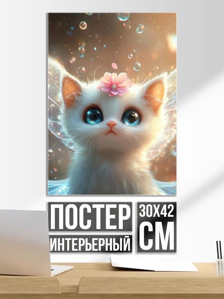 Постер на стену Белый котенок с крыльями