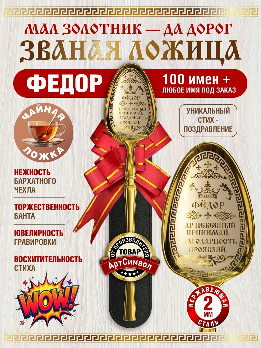 Чайная именная ложка Фёдор подарочная, сувенирная