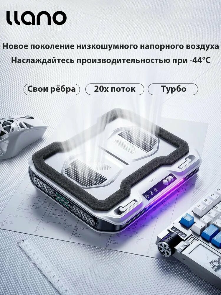 LLANO Мощная подставка-кулер для ноутбуков 14-17.3, 20-кратный поток воздуха, 3000 об/мин, фильтр от пыли, 4 режима подсветки