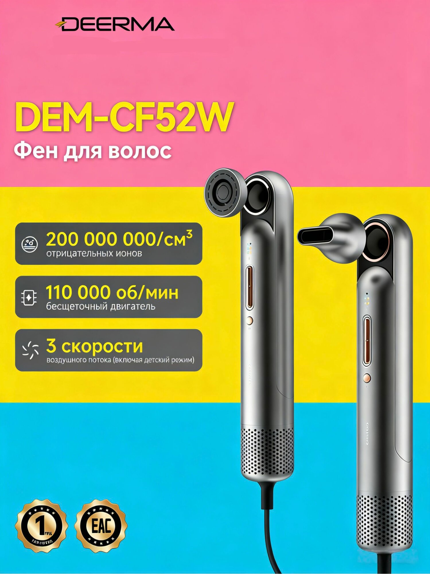 Высокоскоростной фен для волос профессиональный Deerma-CF52W серый
