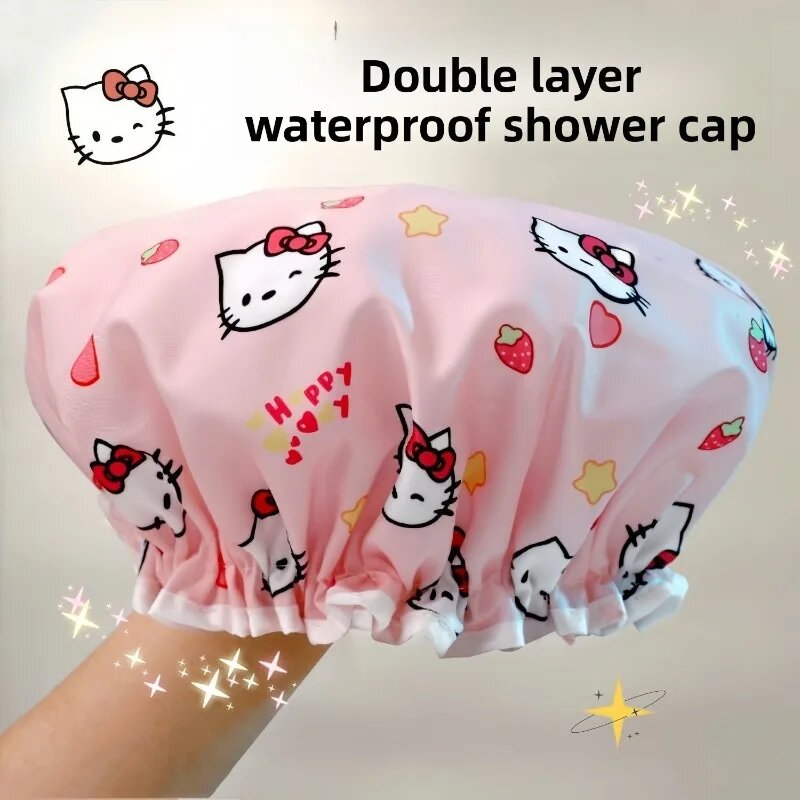 Водонепроницаемая двухслойная шапочка для душа с принтом Hello Kitty, милая мультяшная многоразовая шапочка для душа, женская шапочка для душа, для путешествий, ежедневного использования, подарок