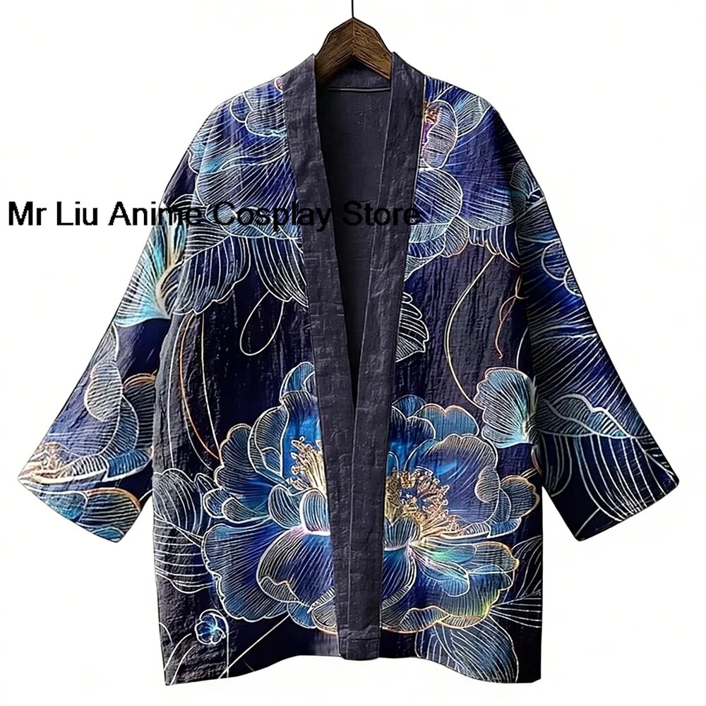 Кардиган-кимоно 3D-укё-э из полиэстера с японским принтом Темно-синий, 4XL, Haori Jacket15