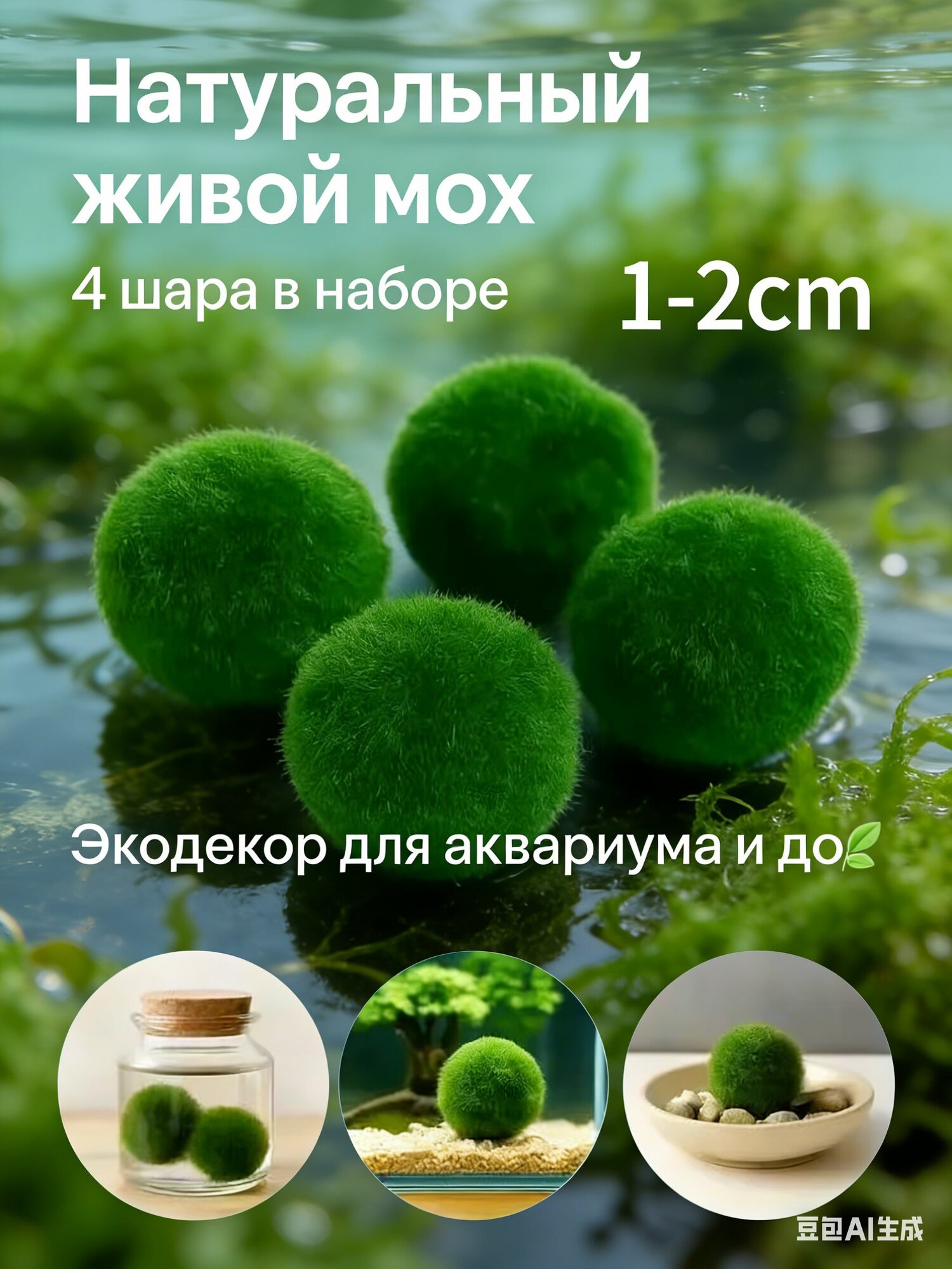 Шарики маримо милые 4 шт, диаметр 1-2 см, живые водные растения, для украшения аквариумов и декора интерьера, низкий уход