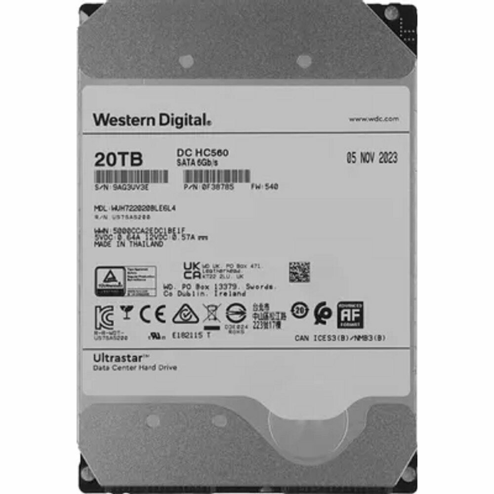 Жесткий диск 20Tb WD Ultrastar DC HC560 SATA 6Gb/s, 7200 rpm, 512mb buffer, 3.5" 0F38785/WUH722020BLE6L4 (38643)