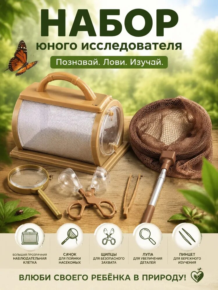 Набор энтомолога для детей: сачок телескопический (85 см) и контейнер для насекомых с лупой и подсветкой