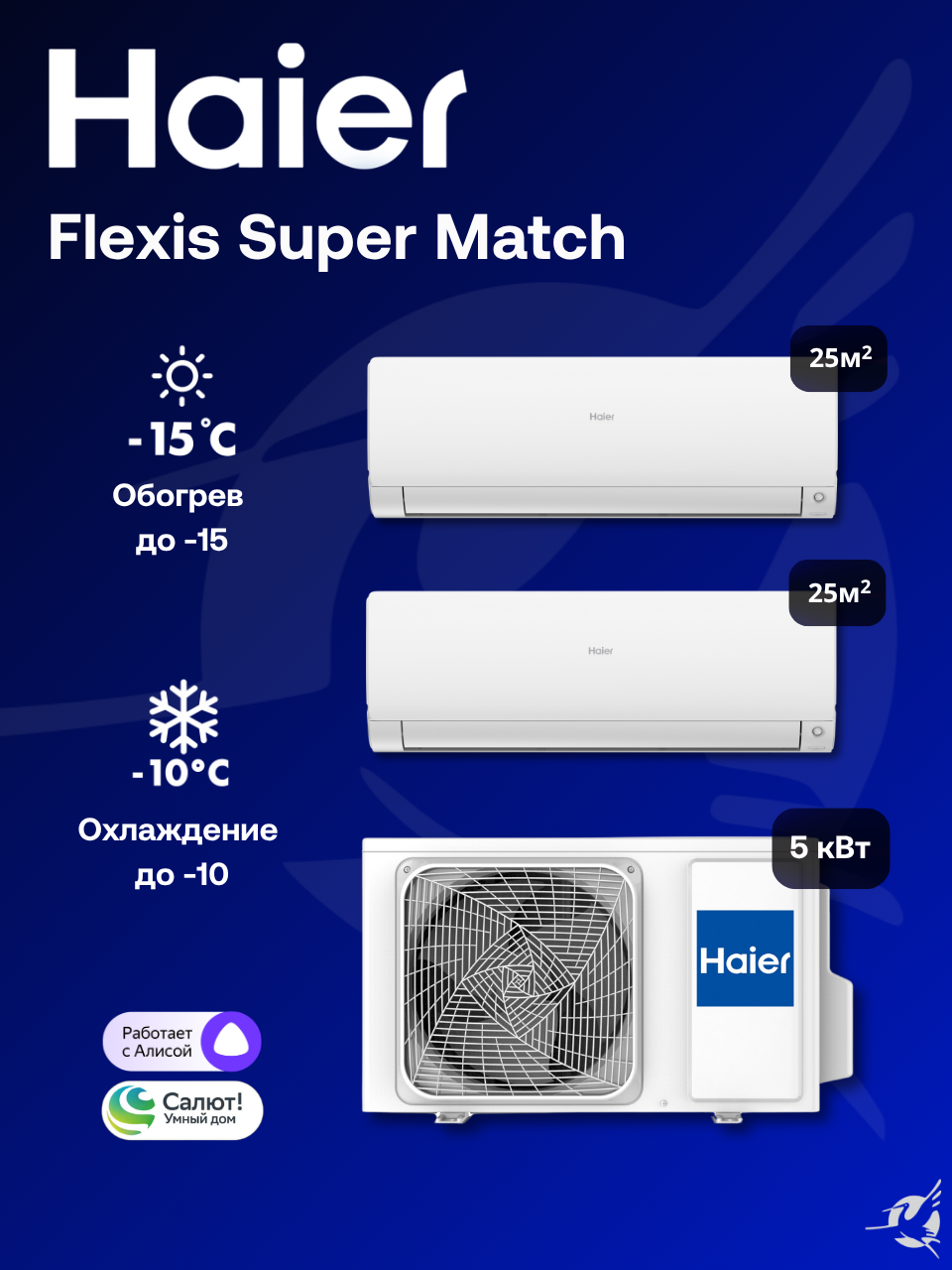 Мультисплит-система Haier Flexis Super Match 2 Х AS25S2SF3FA-W / 2U50S2SM2FA на 2 комнаты 25+25 м²