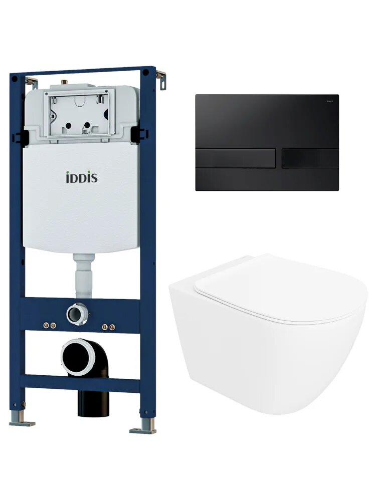 Комплект 4 в 1: Инсталляция IDDIS Профикс (Profix) PRO0000i32 / Унитаз подвесной STWORKI Готланд S13401WH безободковый, с микролифтом / Кнопка Юнификс (Unifix) UNI06MBi77, Комплект креплений
