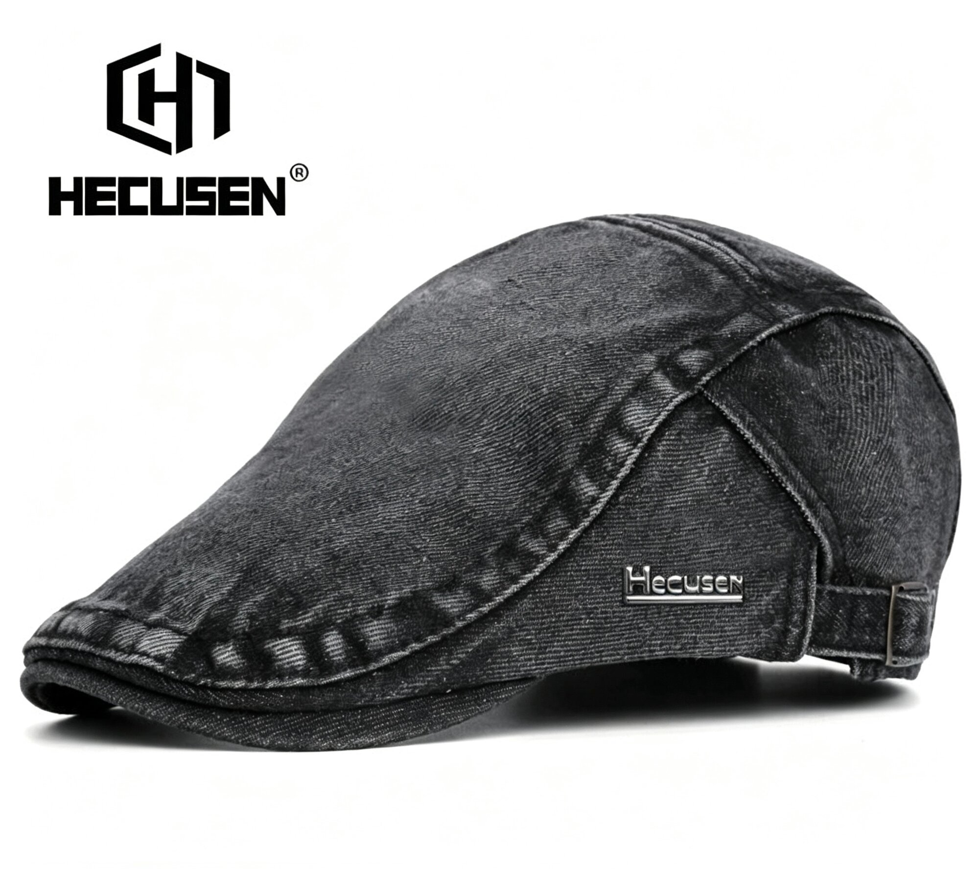 Рабочая плоская джинсовая кепка HECUSEN черная выстиранная, унисекс винтажная кепка с регулируемым размером
