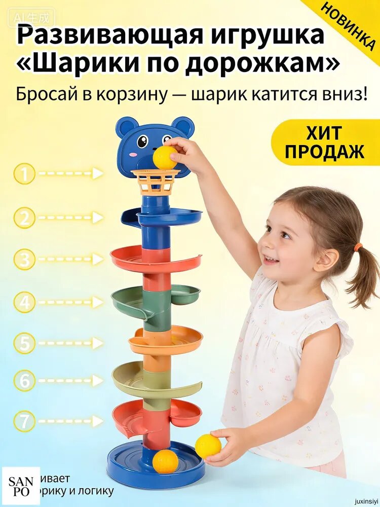 Игрушка пирамидка, веселая горка с шариками, развивающая игрушка для малышей, 7 уровней + 7 шариков в комплекте