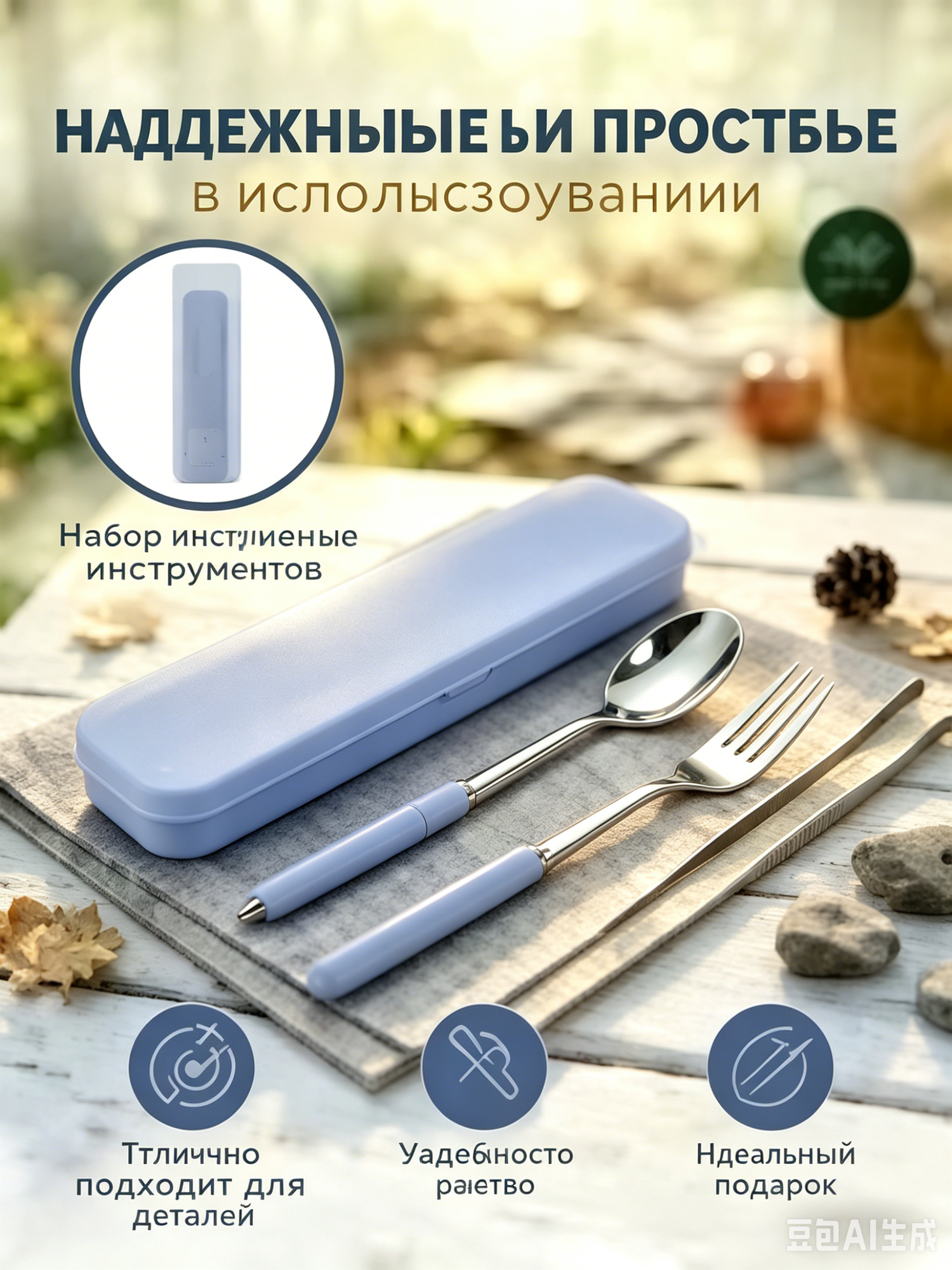 Набор столовых приборов 1 персону, вилка и ложка, нержавеющая сталь, Легко переносится