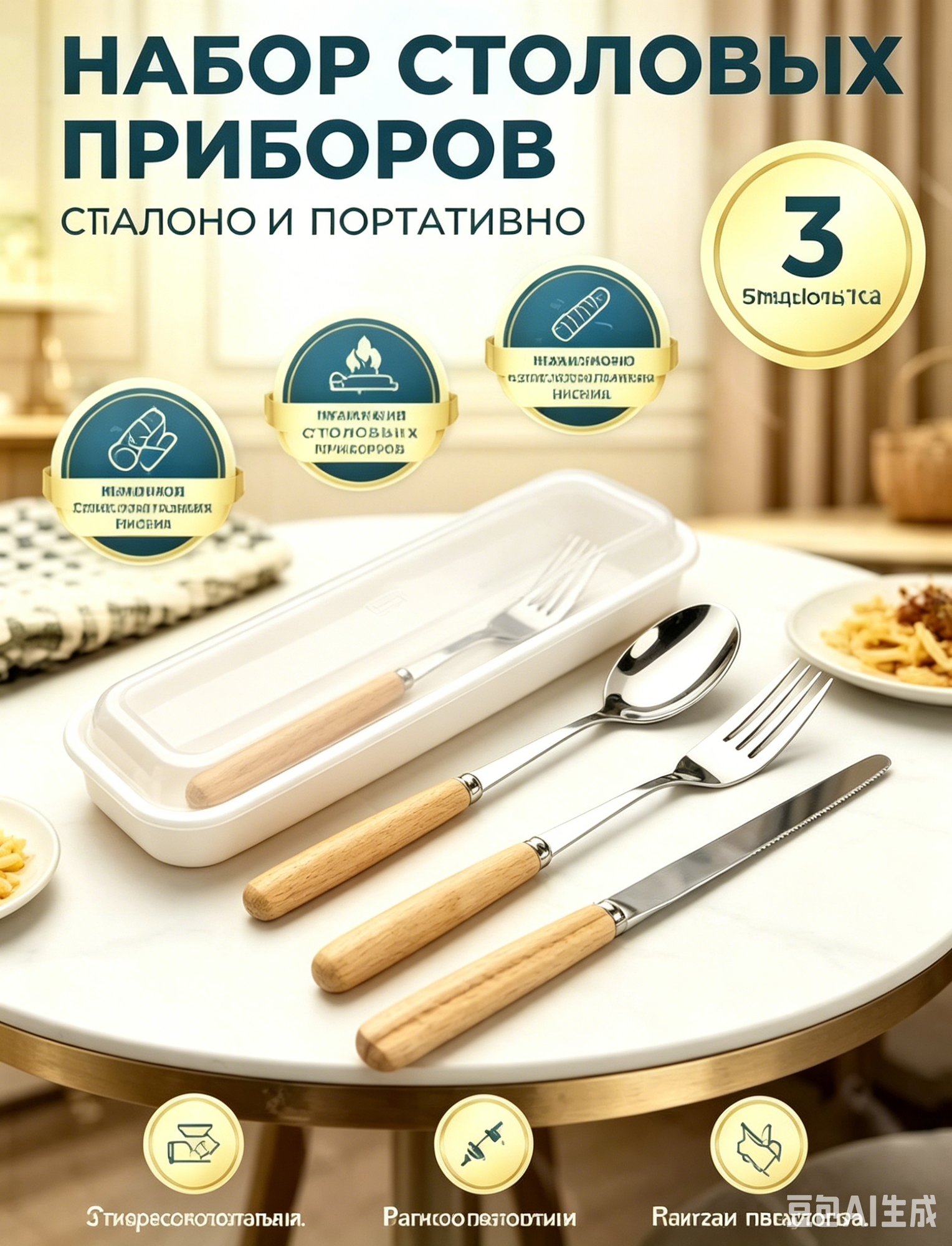Набор вилка и ложка для салата 3 предм. голубой