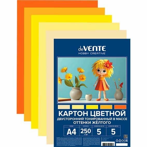 Картон цветной двусторонний тонированный А4 5л 5цв deVENTE 8114535, оттенки жёлтого, пластиковый пакет, европодвес