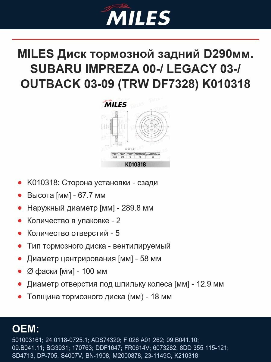 MILES Диск тормозной задний D290мм. SUBARU IMPREZA 00-/ LEGACY 03-/ OUTBACK 03-09 (TRW DF7328) K010318