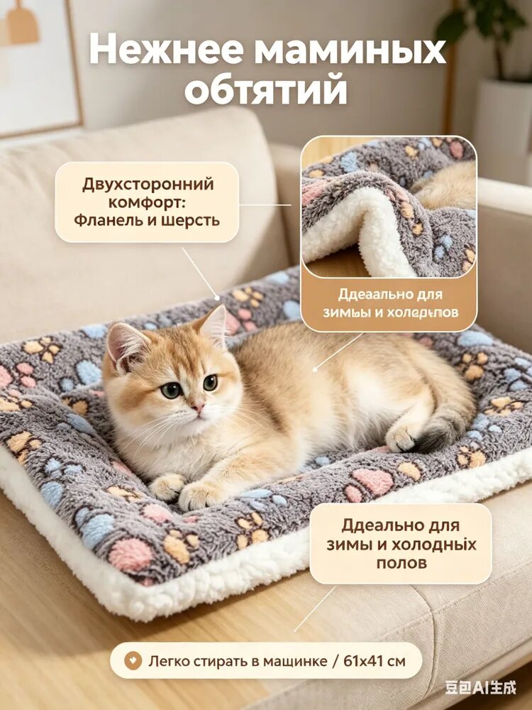 Лежанка для кошек и собак мелких пород, мягкий теплый коврик для животных двухсторонний 61х41 см, уютная подстилка матрас из фланели и овечьей шерсти на диван и в переноску