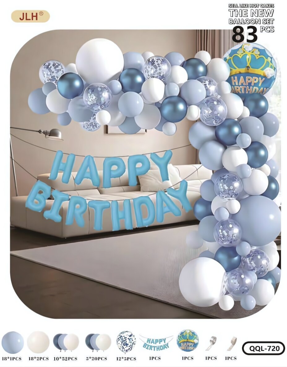 Набор воздушных шаров 83 шт на день рождения с гирляндой "Happy Birthday", для фотозоны, бело-голубой