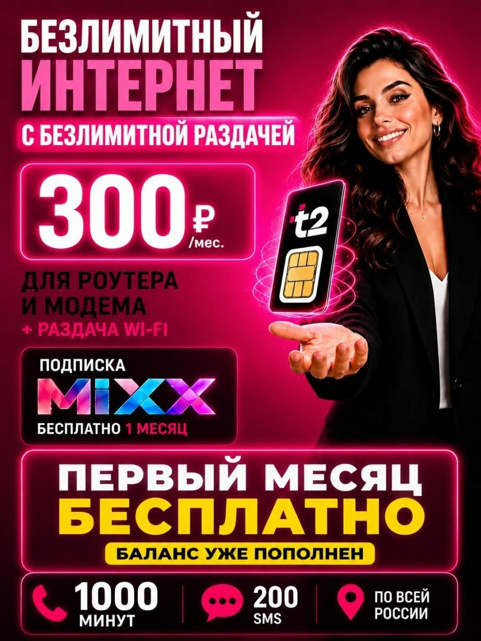 Сим карта T2 безлимитный интернет и раздача для роутера, модема, камер видеонаблюдения Симка t2 1000 минут и 200 SMS по всей России. Тариф T2 "Партнер М" 300 р/мес.