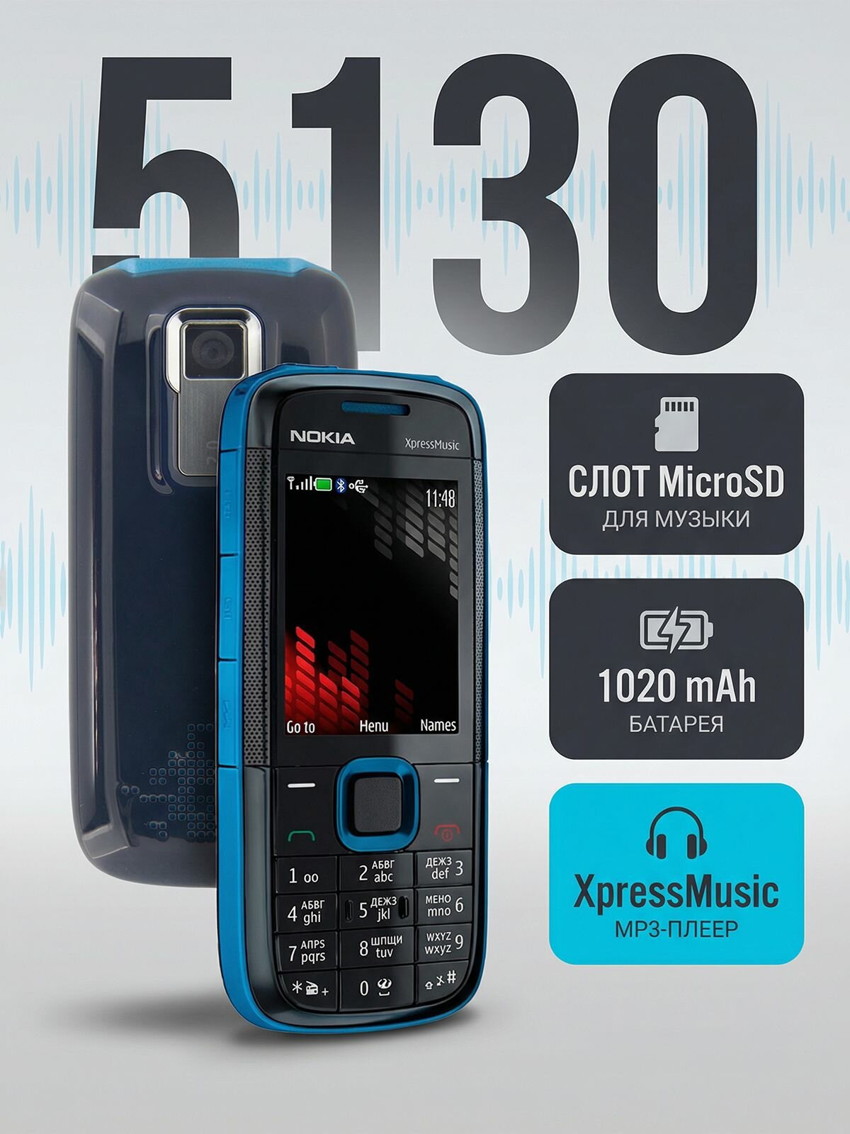 Мобильный телефон Nokia Мобильный телефон Nokia 5130 Xpress Music, 2 дюйма, 1020 мАч, 2 МП Камерой, QVGA Экраном, 30 МБ Памяти, красный, лазурный