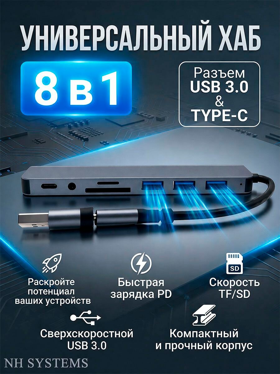 USB HUB 8 в 1, USB разветвитель, TYPE-C переходник, USB переходник, док станция TYPE-C, USB хаб для MacBook, переходник для ноутбука, переходник для монитора