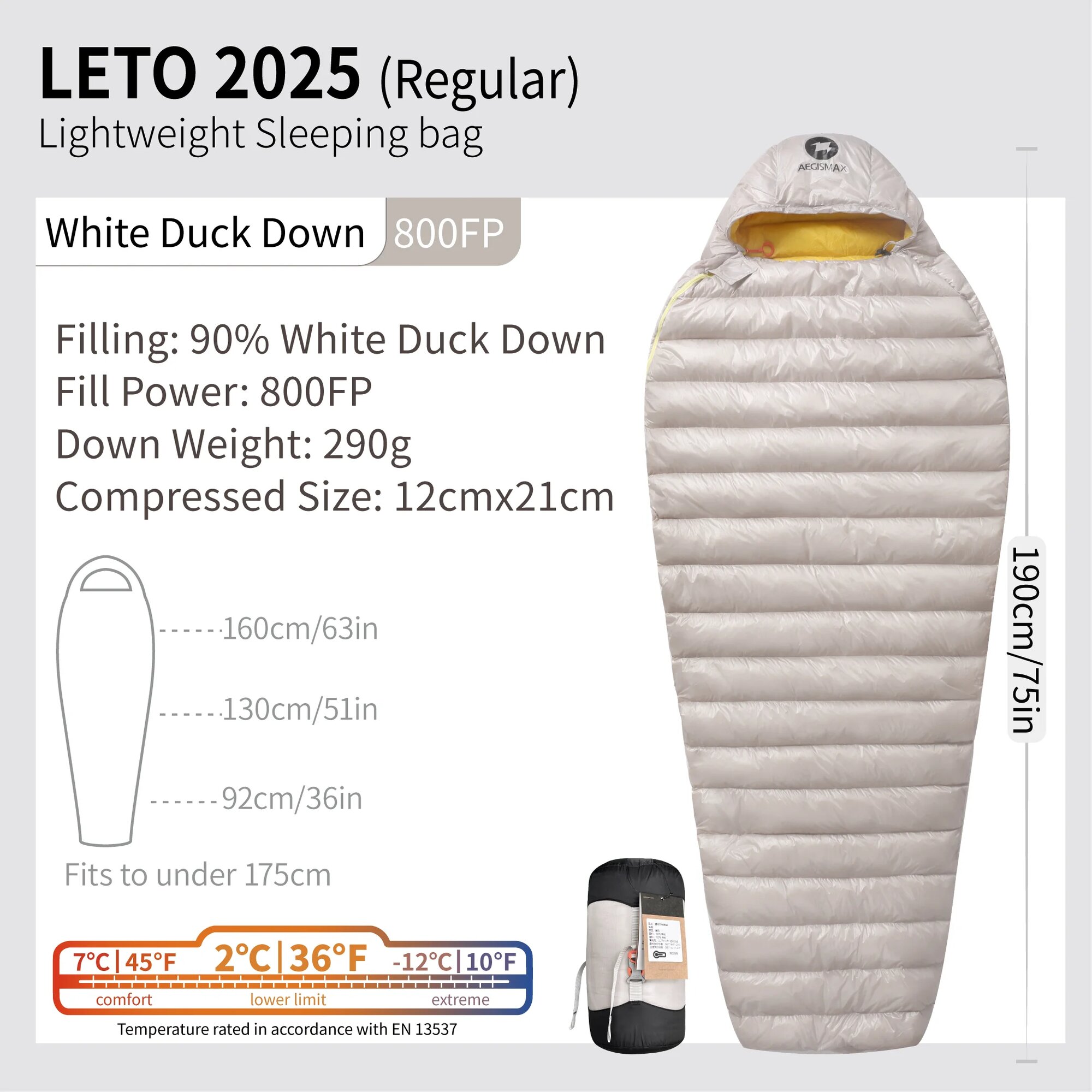 AEGISMAX LETO 2025 спальный мешок, 800FP, Grey-Regular
