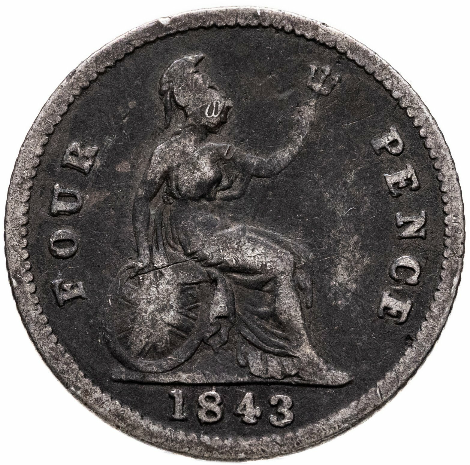 Великобритания 4 пенса pence 1843, Серебро 925, в сохранности F-VF