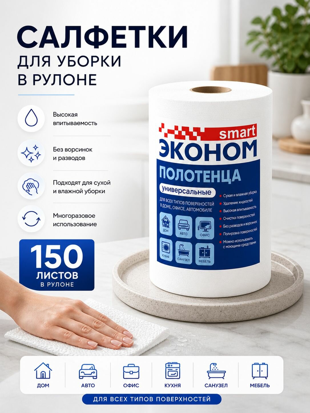 Салфетки для уборки в рулоне Smart Эконом 150 шт, спанлейс, сухие полотенца, многоразовые салфетки для кухни, дома и авто