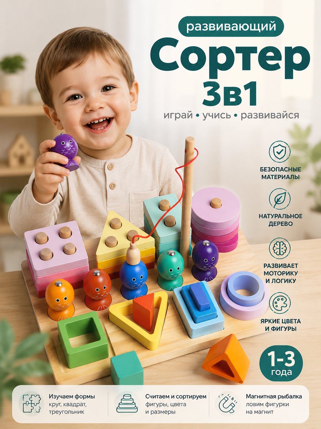 Деревянные игрушки Монтессори "Сортер 3 в 1", магнитная рыбалка