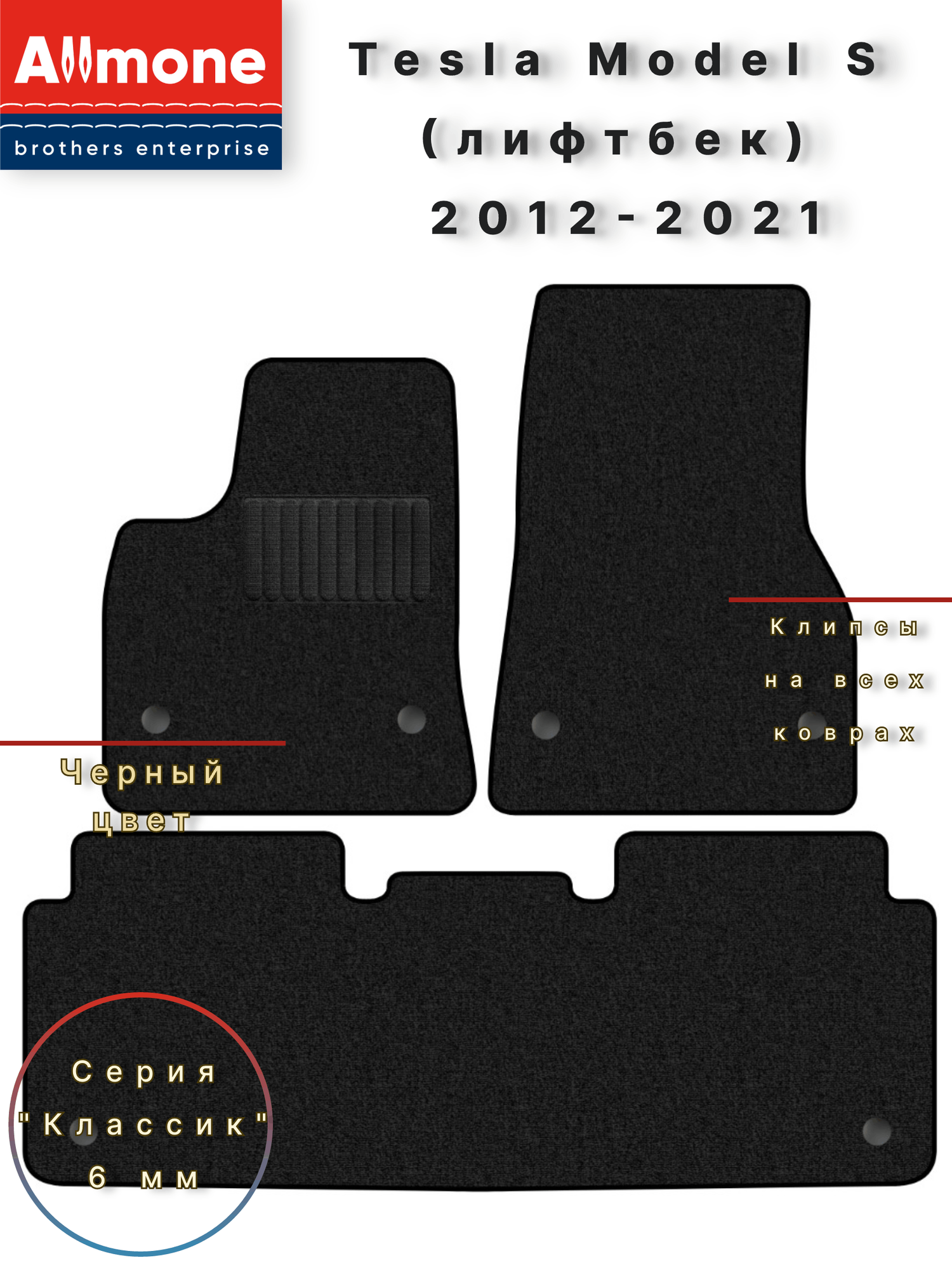 Ворсовые коврики в салон для Tesla Model S 2012 - 2021, черные, Классик, автомобильные 3шт / Тесла