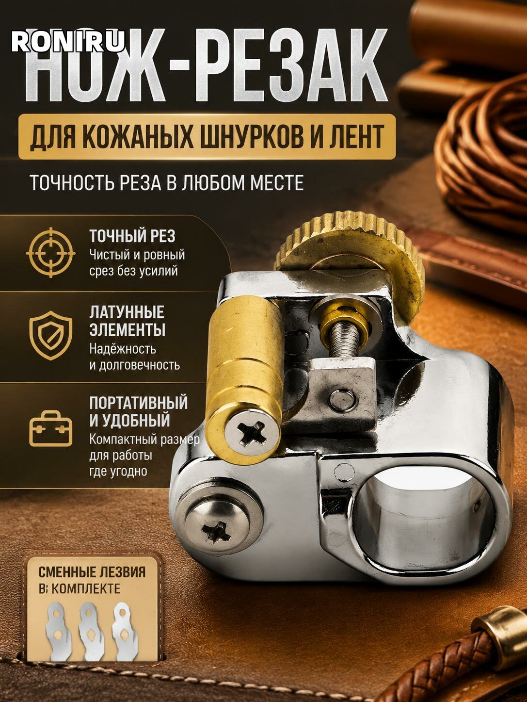 Нож для кожаных шнурков и лент — портативный резак для кожи с латунной корпусной вставкой и набором сменных лезвий