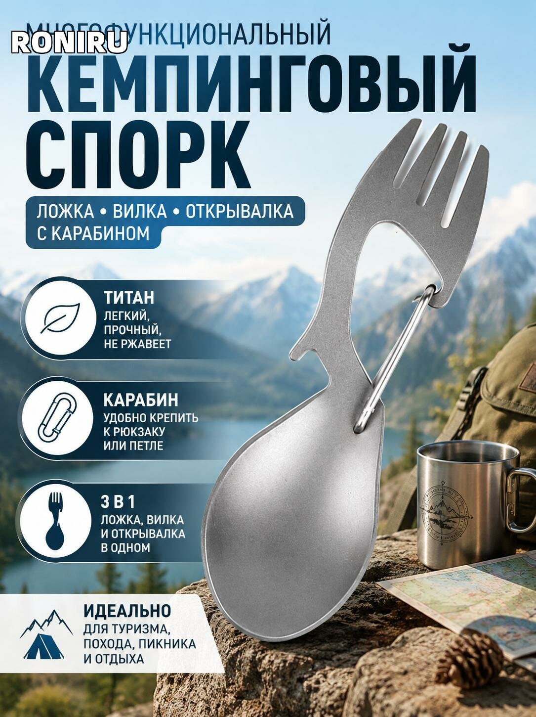 Многофункциональный кемпинговый спорк — ложка-вилка-открывалка с карабином для туризма, похода и пикника и отдыха