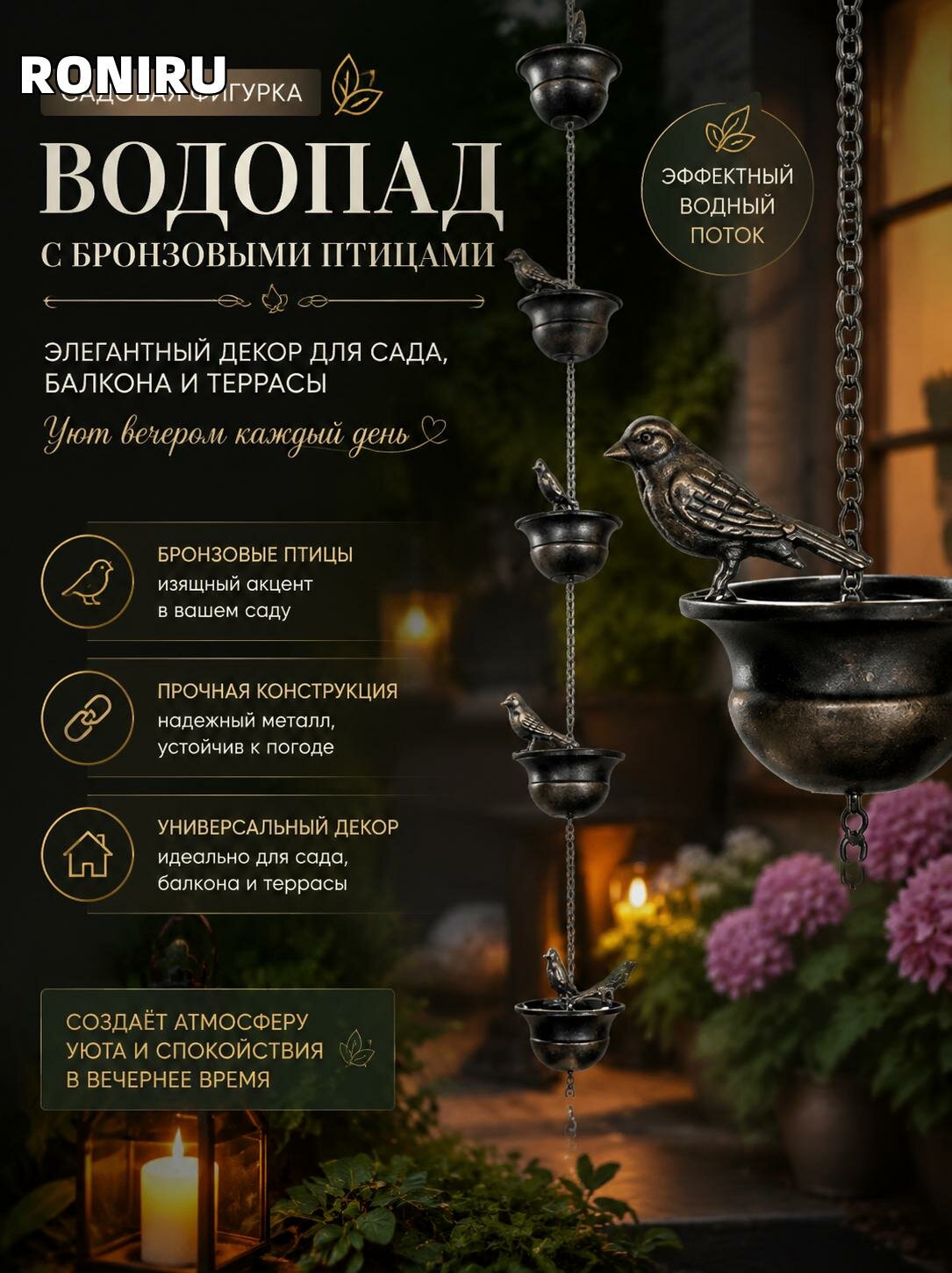 Элегантная садовая фигурка с водопадом и бронзовыми птицами — декор для сада, балкона и террасы, для уюта вечером