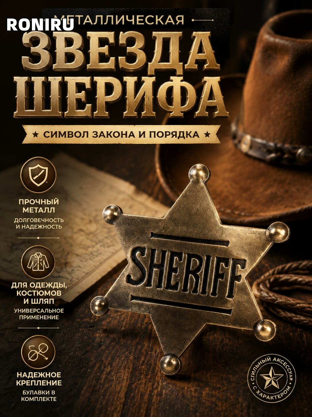 Металлическая гексагональная эмблема звезды, значок шерифа темная бронза с булавками для костюма, одежды и шляпы