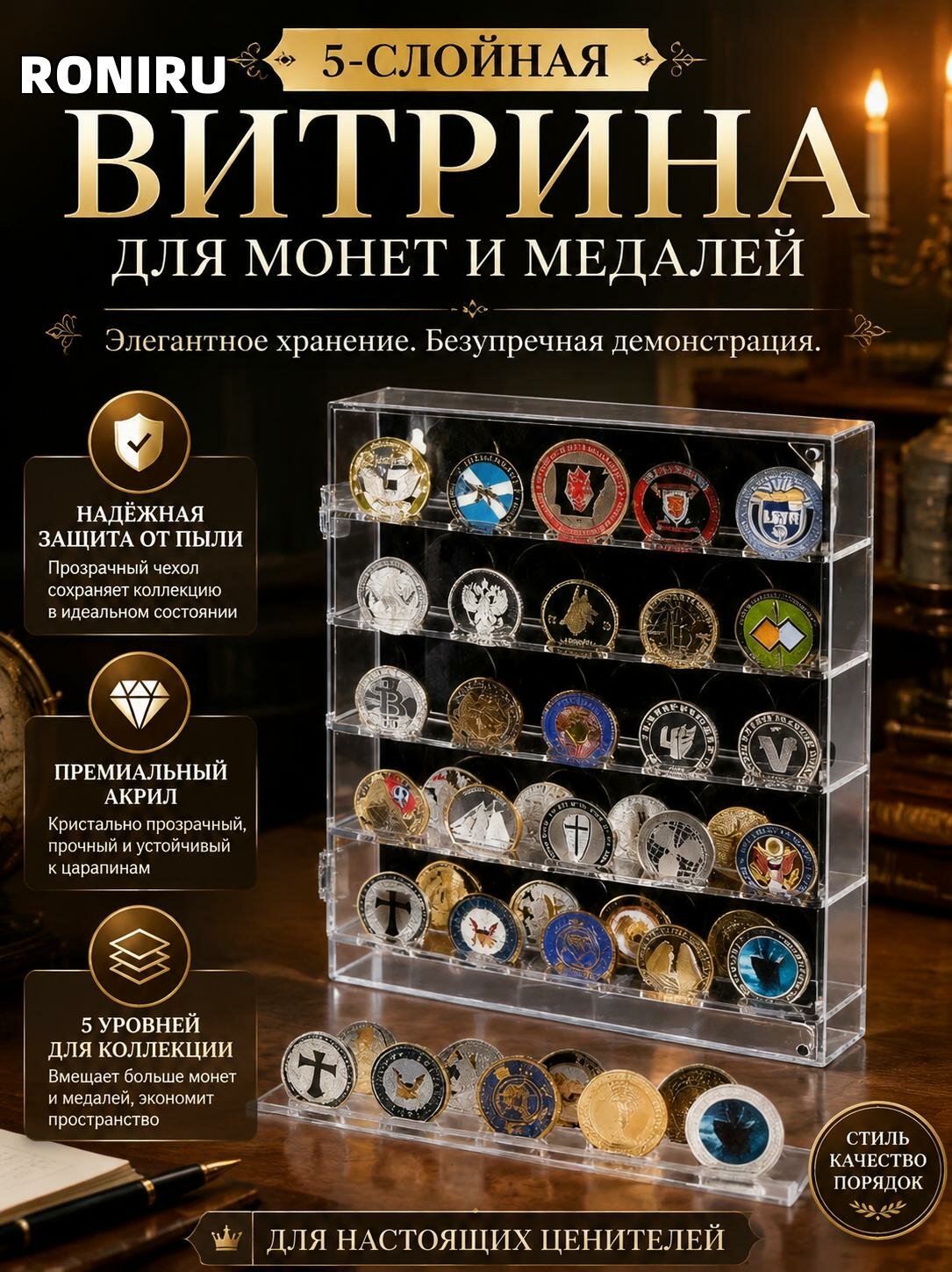 Акриловая 5-слойная витрина с пылезащитным чехлом, прозрачный дисплей для коллекций монет и медалей, удобная для демонстрации и хранения